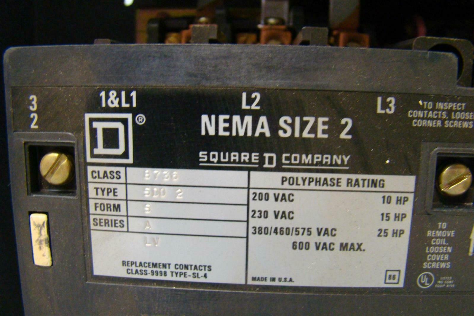 Square D Overload Relay Nema Size 2 Starter 200Vac 10HP SDG 2 8736 | eBay