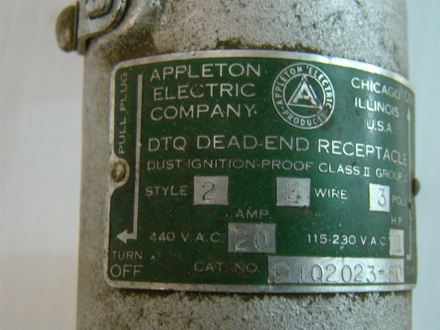 Appleton Receptacle 2 style 2 Wire 3 Pole 20Amp 1HP 115/230Vac D1Q2023 ...