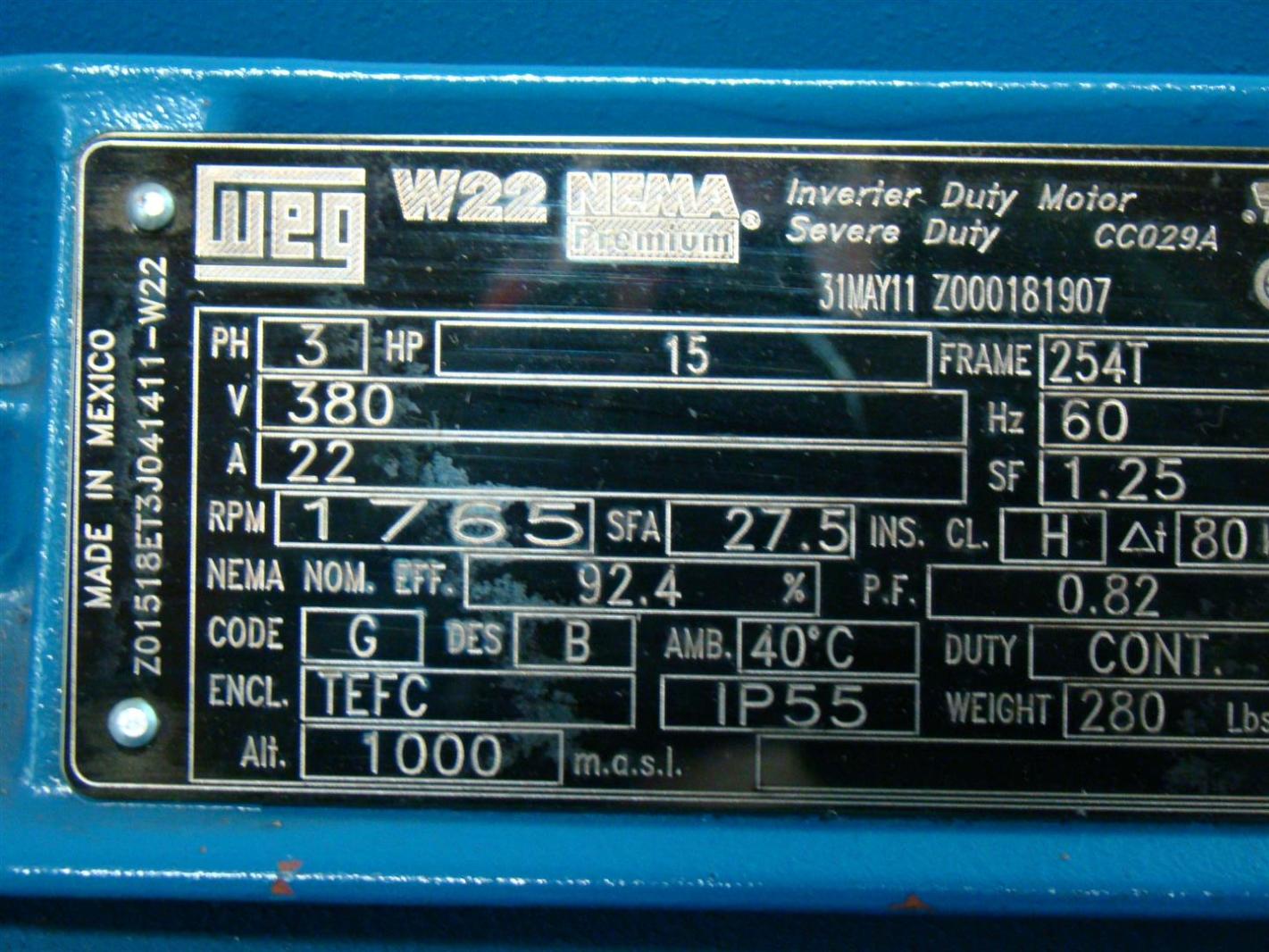 Weg Nema Premium W22 Inverter Duty Motor 3Ø 15Hp 380V 22A 1765Rpm ...