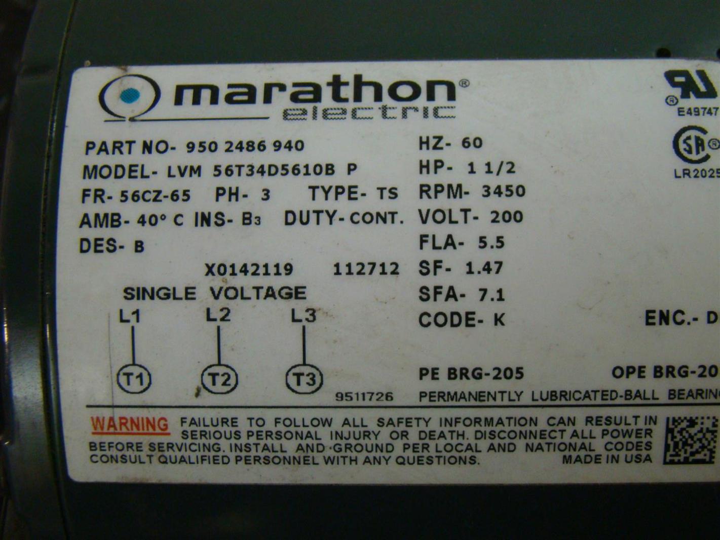 Marathon Electric 1-1/2hp 3450rpm 200V 3Ø LVM 56T34D5610B P 950 2486 ...