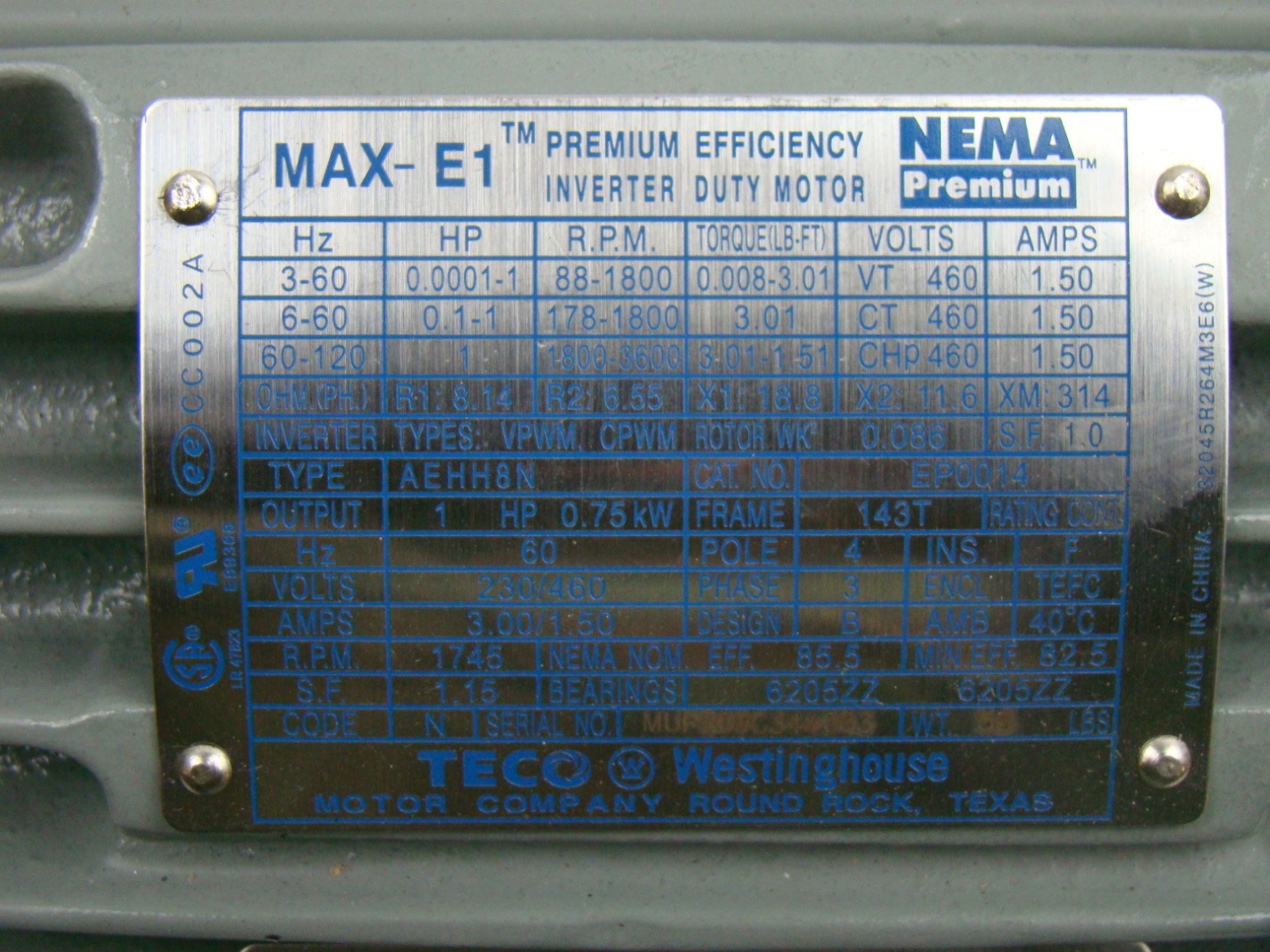 Teco Westinghouse 1 Hp 230/460v Inverter Duty Motor MAX-E1 EP0014 | eBay