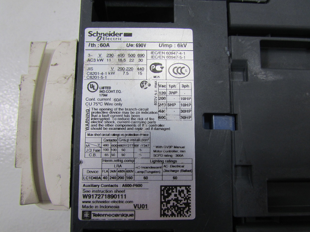 SCHNEIDER ELECTRIC LC1D40A CONTACTOR 120V COIL | Premier Equipment ...