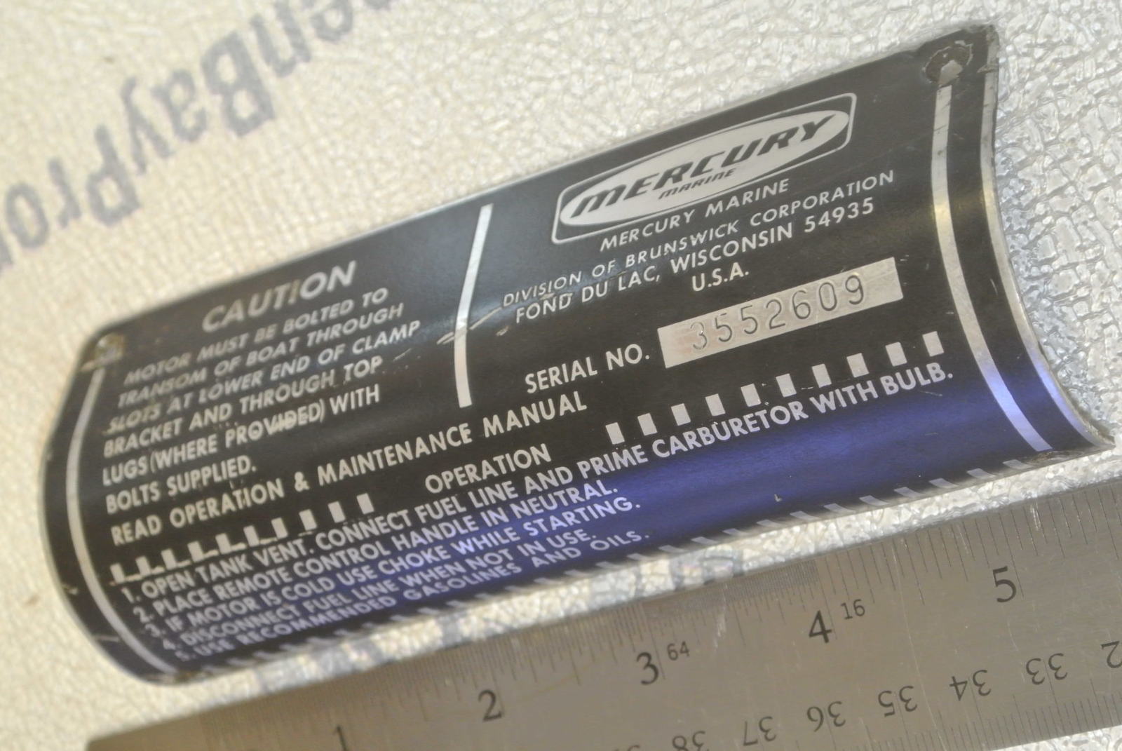 Vintage Mercury Outboard Serial Number Plate 1973 115 HP 3552609 ...