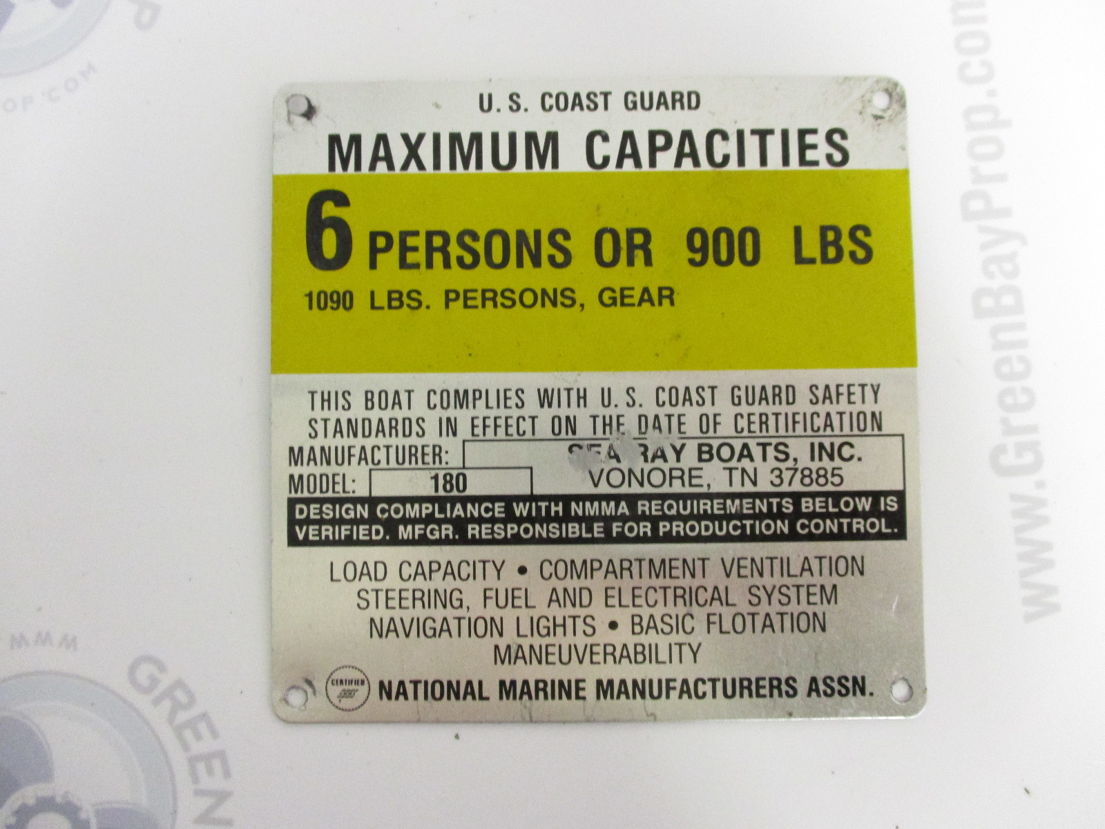 1990 Regal Valanti 200 Boat Coast Guard Max Capacity Plate | Green Bay ...