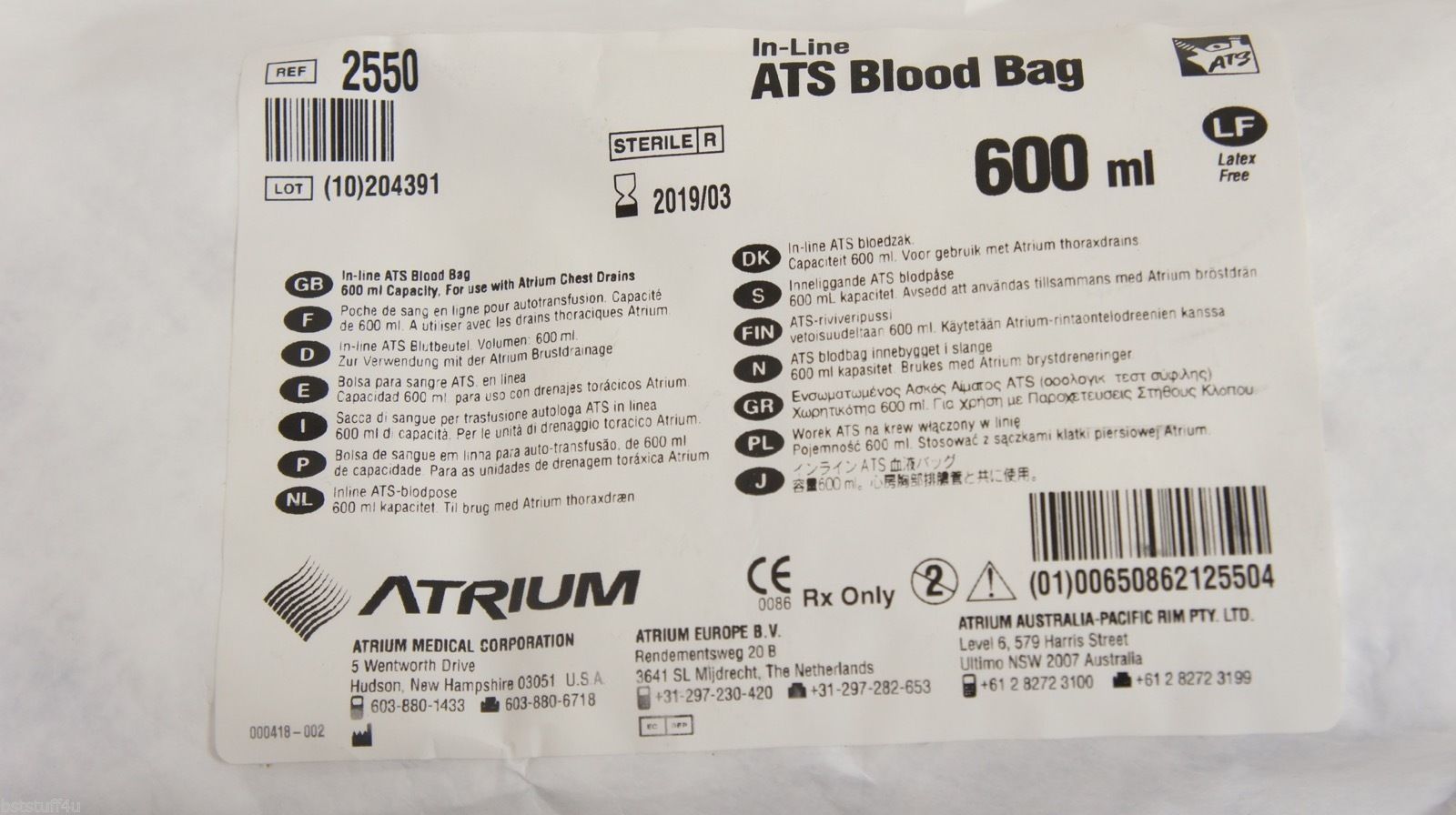Atrium 2550 Ats Blood Bag Chest Drain Autotransfusion 600ml | eBay