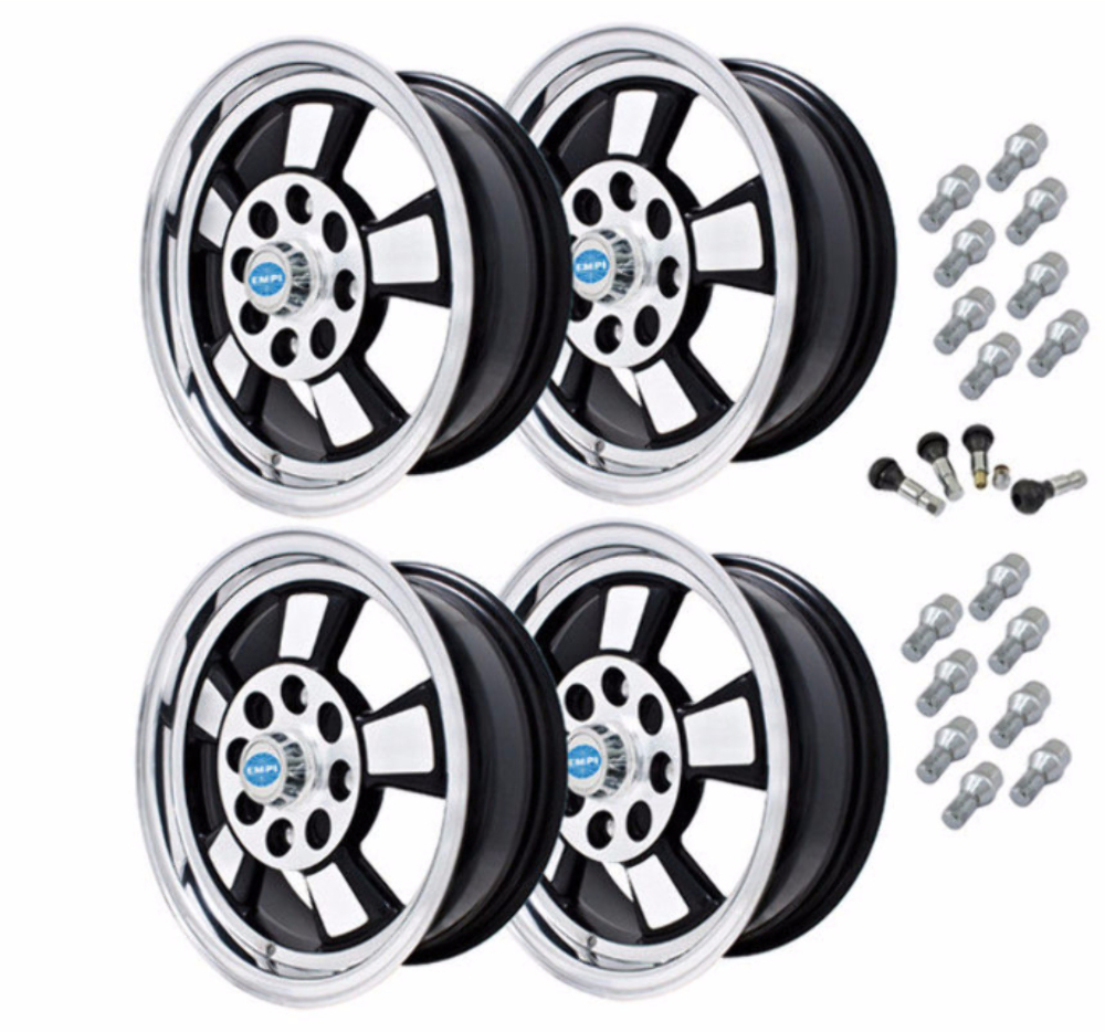 VW BUG GHIA EMPI RIVIERA WHEEL SET OF 4 WITH LUGS 5.5 X 15 BLACK POL ...